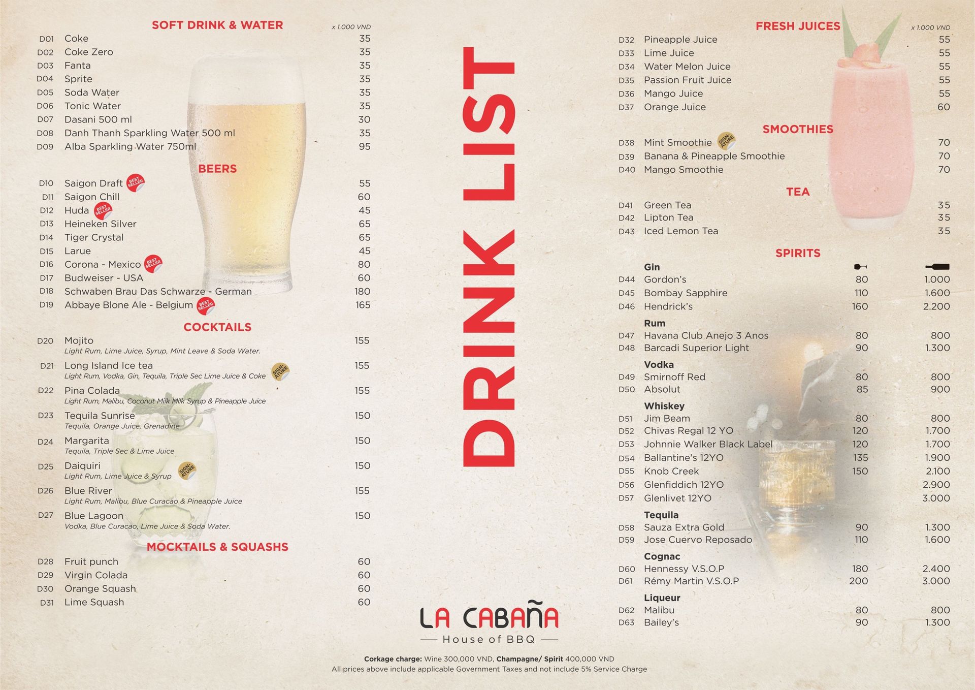 Drink Menu | La Cabana - House of BBQ